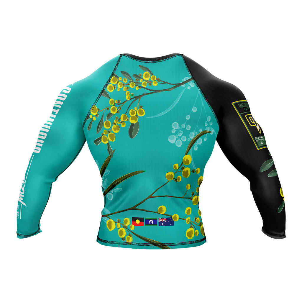 Wattle Flowers Long Sleeve Rashguard Teal – Continuous Flow BJJ